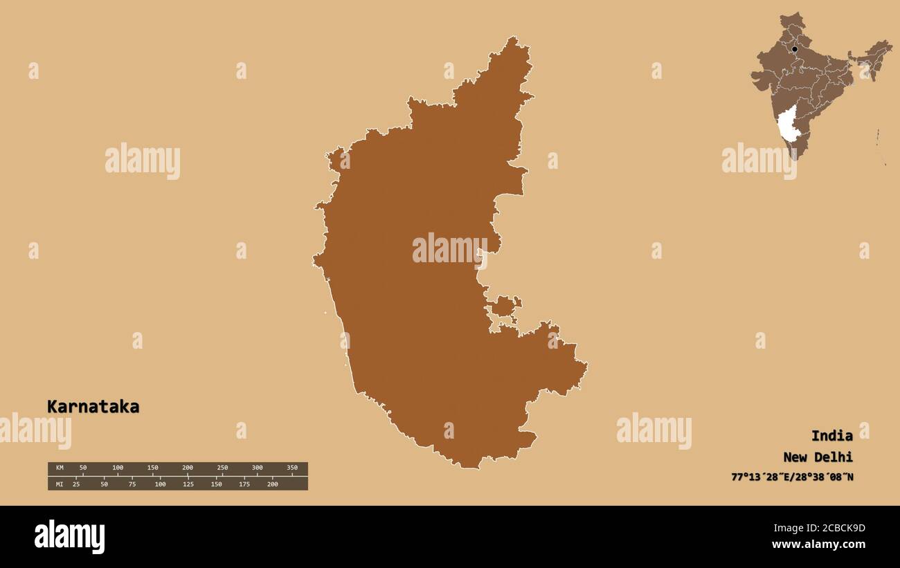 Shape of Karnataka, state of India, with its capital isolated on solid ...