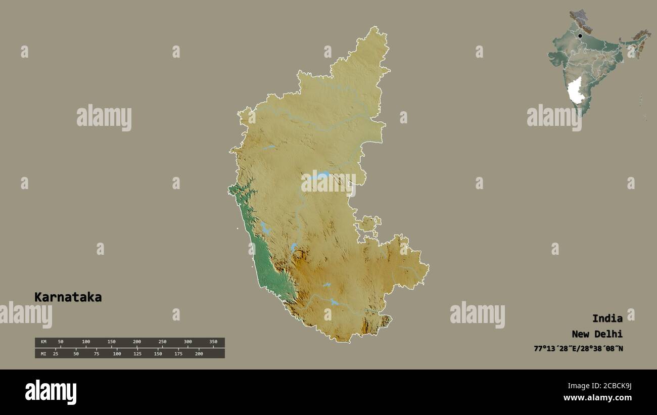 Shape of Karnataka, state of India, with its capital isolated on solid ...