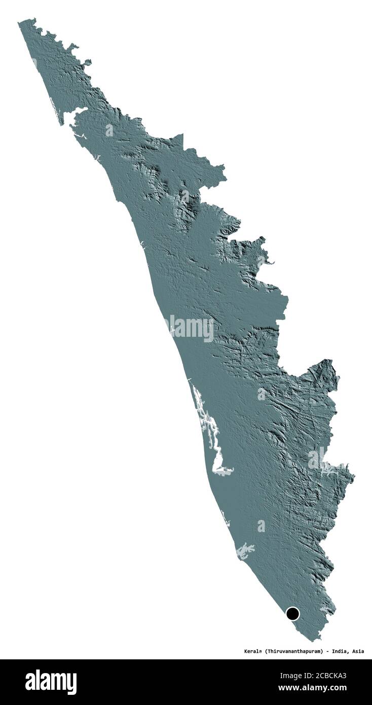 Shape of Kerala, state of India, with its capital isolated on white ...