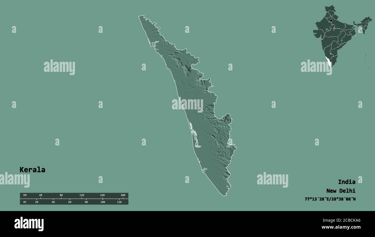 Shape of Kerala, state of India, with its capital isolated on solid ...