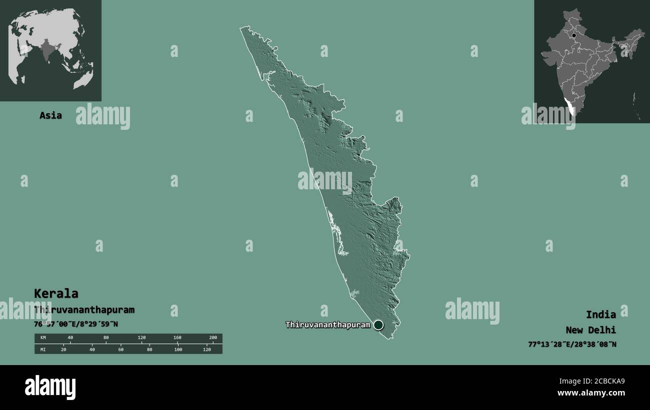 Shape of Kerala, state of India, and its capital. Distance scale ...