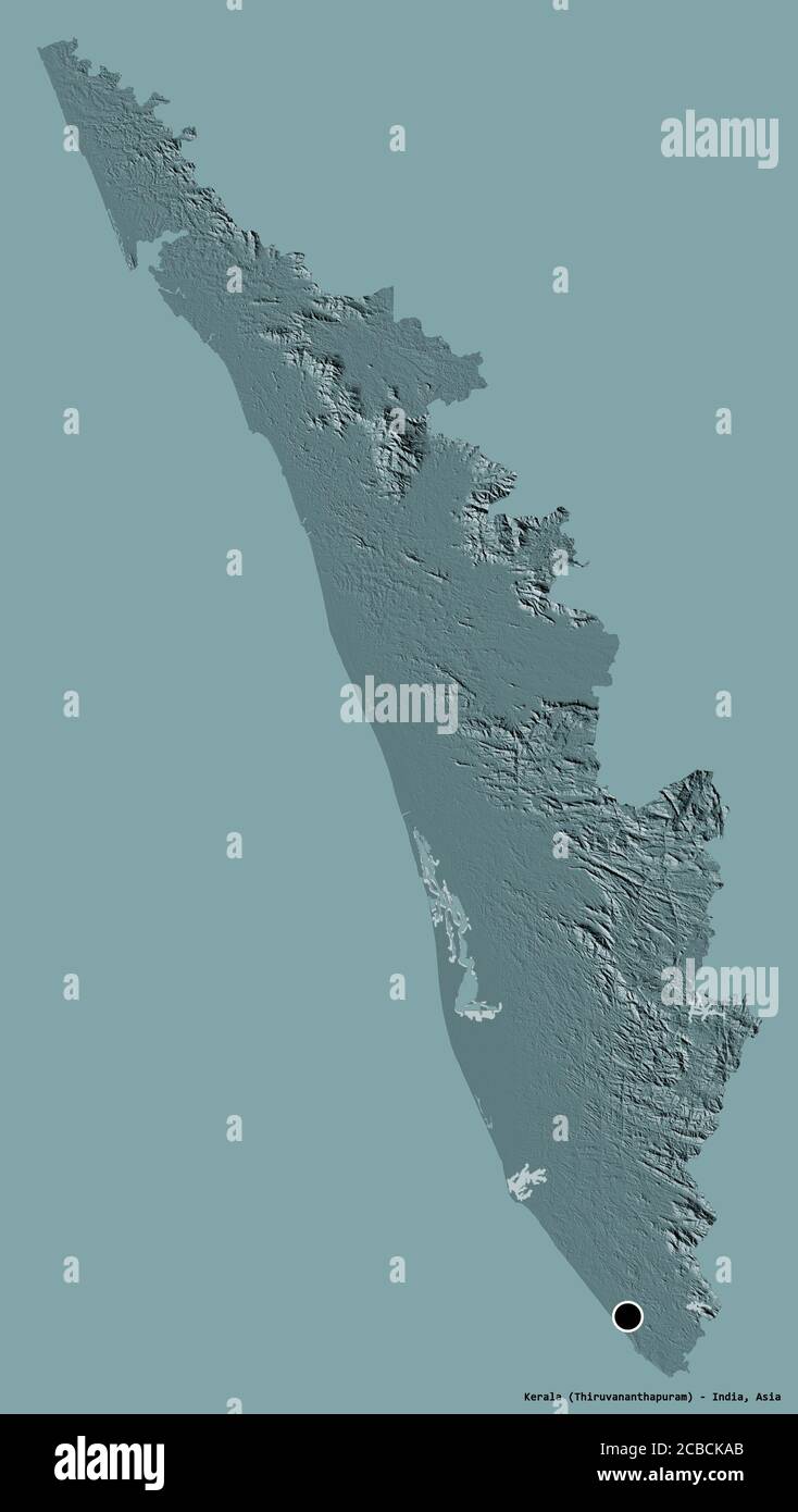 Shape of Kerala, state of India, with its capital isolated on a solid ...