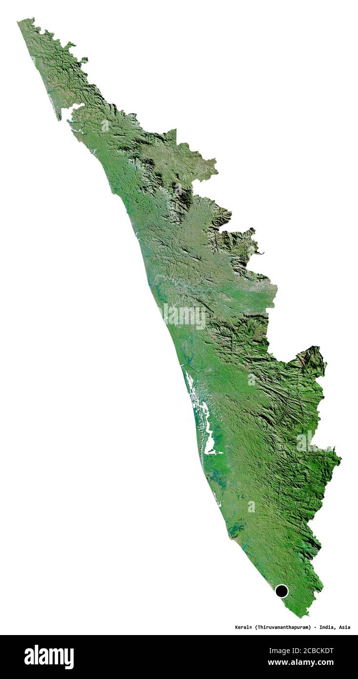 Shape of Kerala, state of India, with its capital isolated on white ...