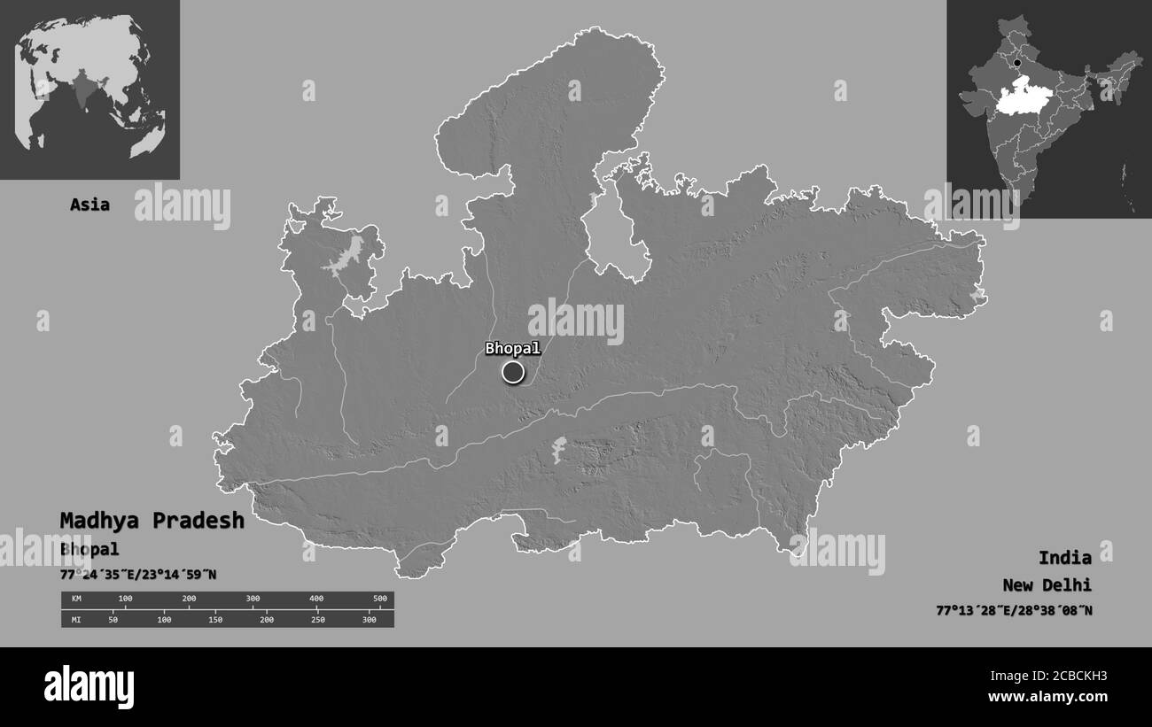 Shape of Madhya Pradesh, state of India, and its capital. Distance ...