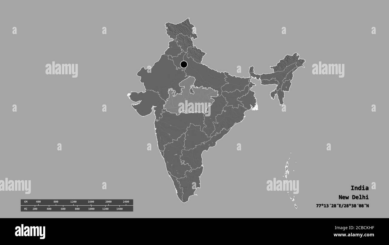 Desaturated shape of India with its capital, main regional division and ...