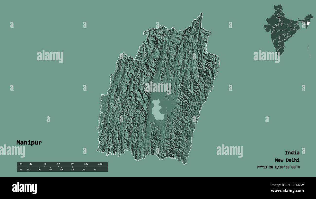 Shape of Manipur, state of India, with its capital isolated on solid ...
