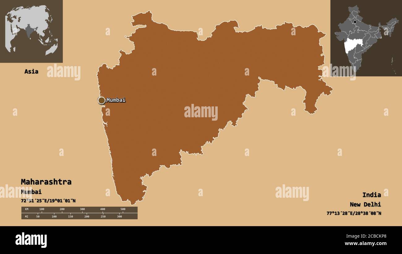 Shape of Maharashtra, state of India, and its capital. Distance scale ...