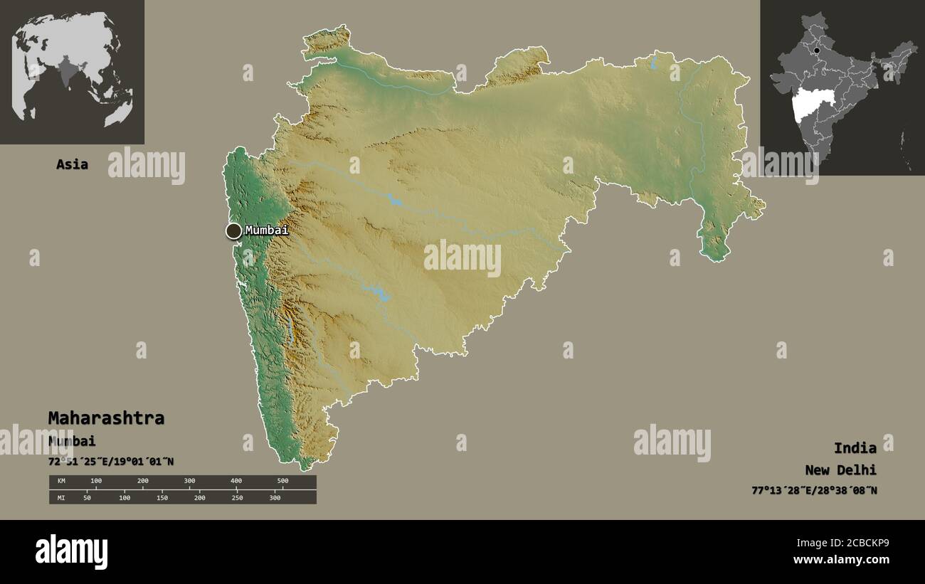 Shape of Maharashtra, state of India, and its capital. Distance scale ...