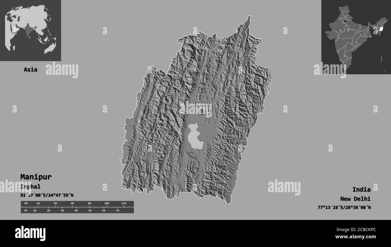 Shape of Manipur, state of India, and its capital. Distance scale ...