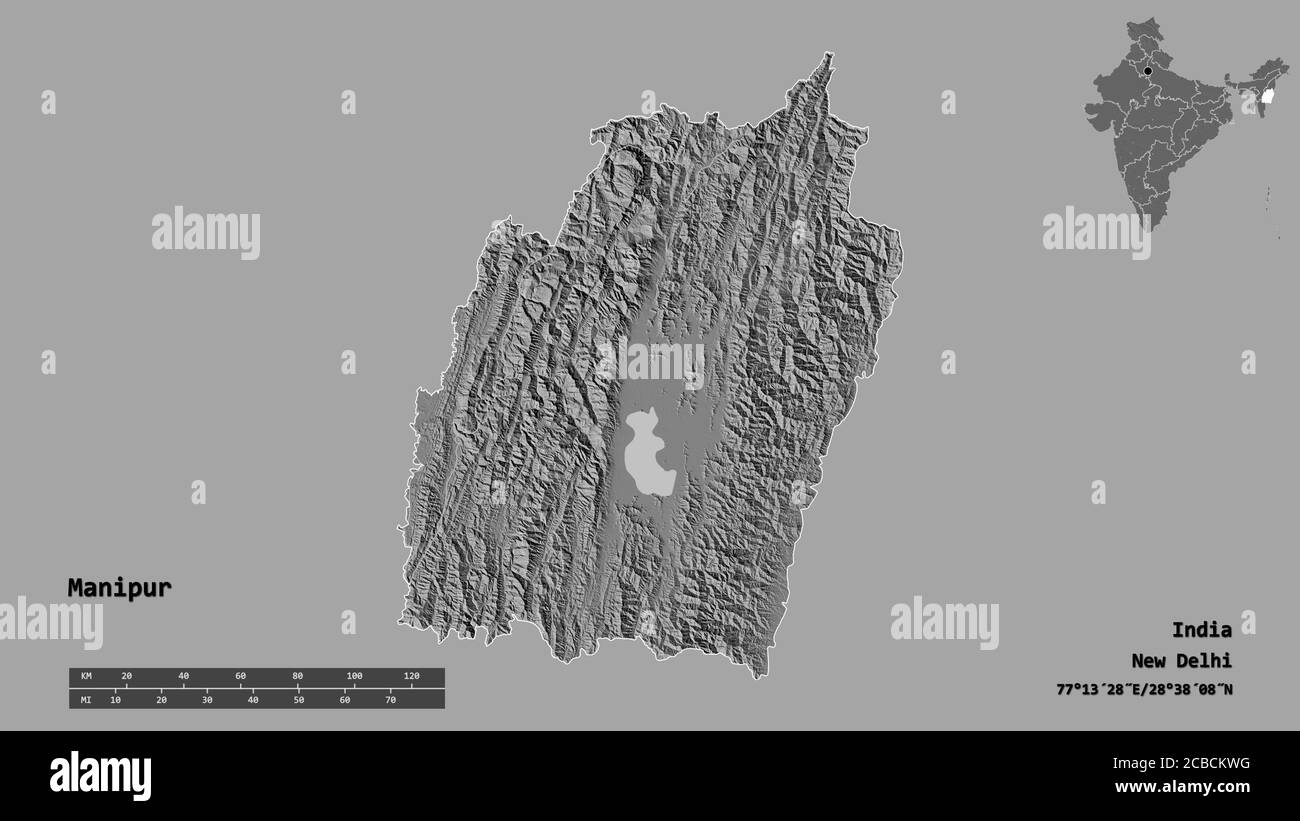 Shape of Manipur, state of India, with its capital isolated on solid ...