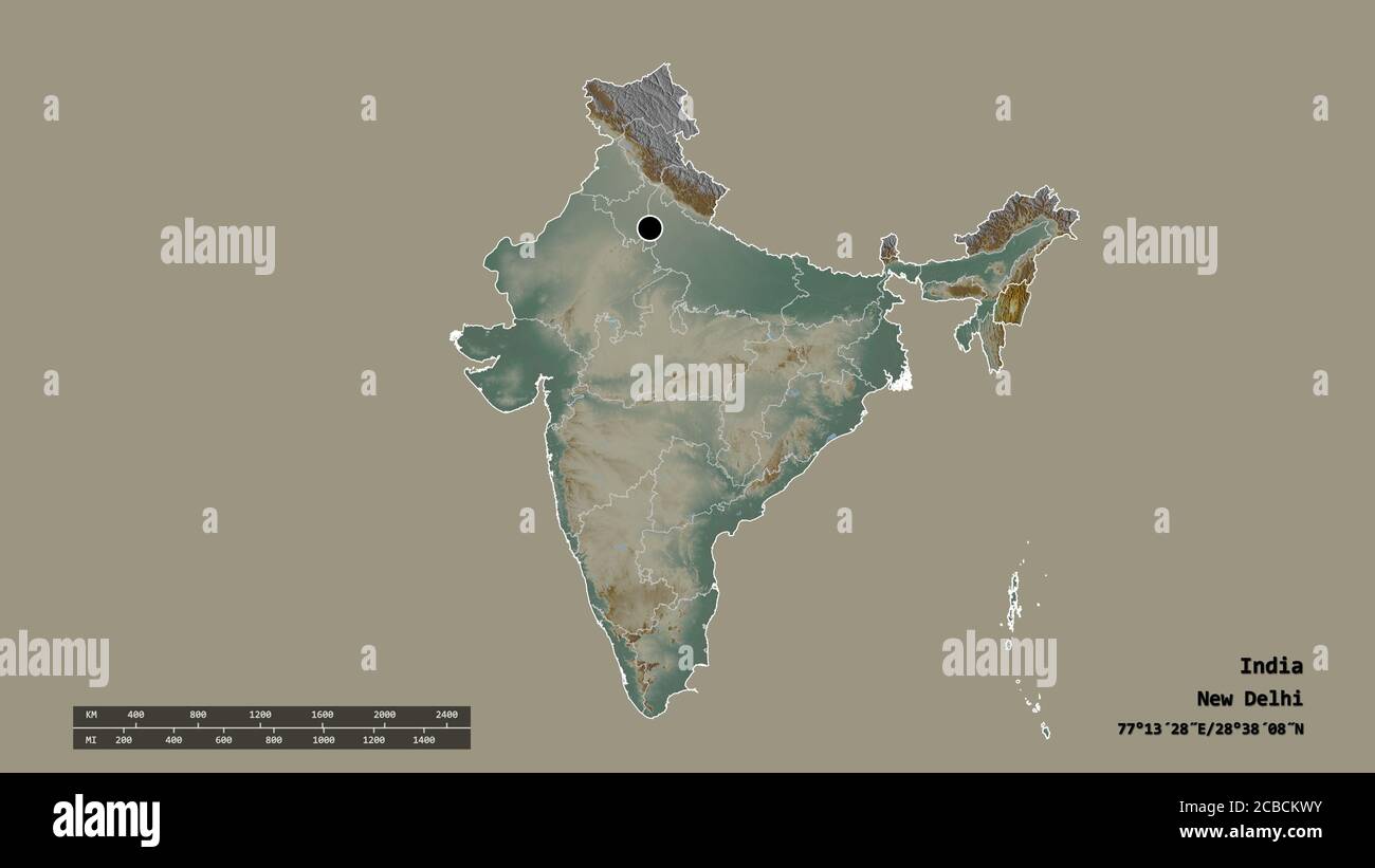 Desaturated shape of India with its capital, main regional division and ...