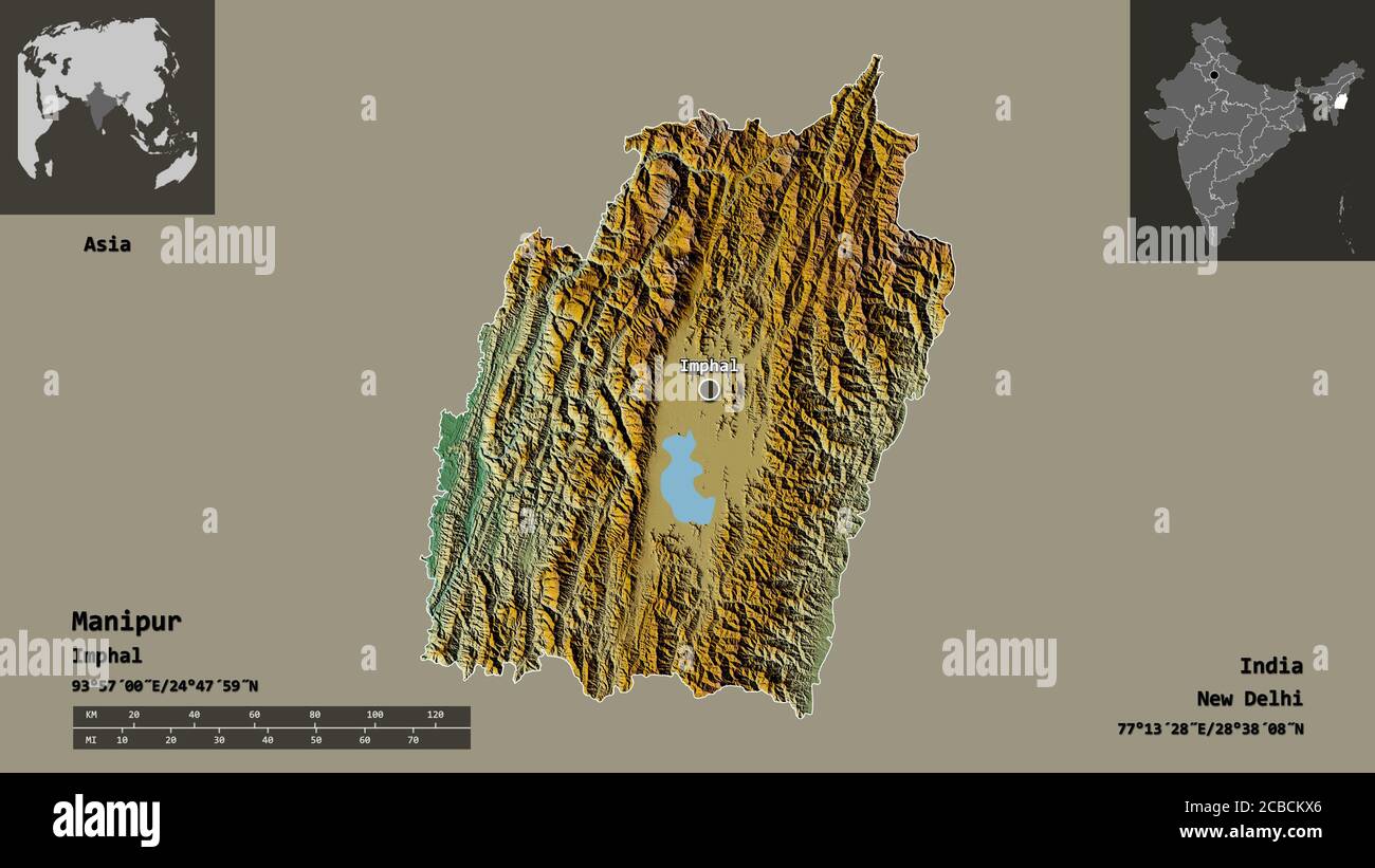 Shape of Manipur, state of India, and its capital. Distance scale ...