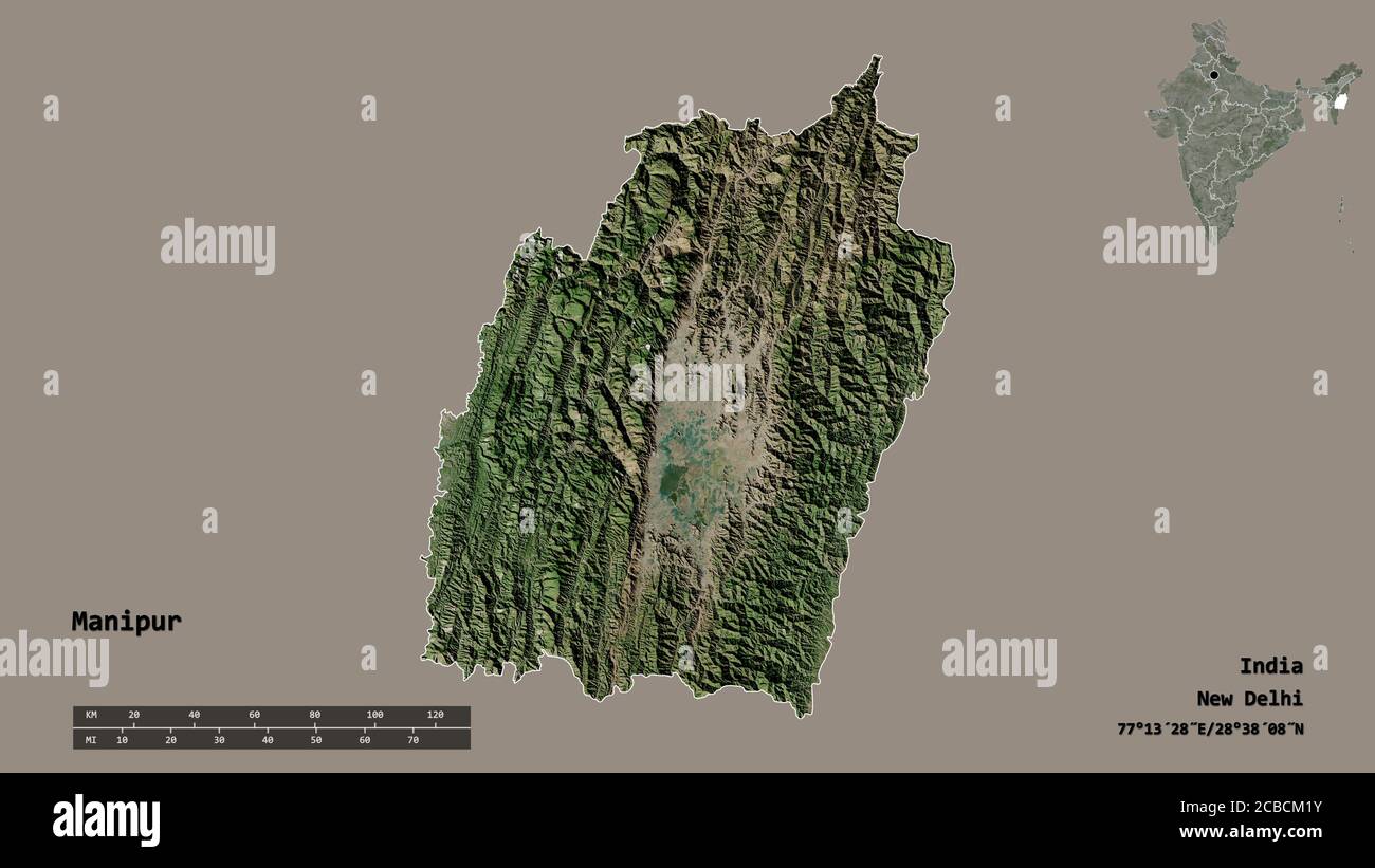 Shape of Manipur, state of India, with its capital isolated on solid ...