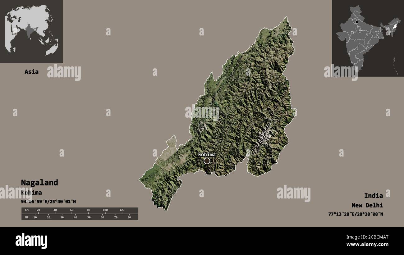 Shape of Nagaland, state of India, and its capital. Distance scale ...