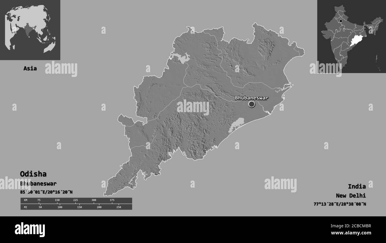 Shape of Odisha, state of India, and its capital. Distance scale ...