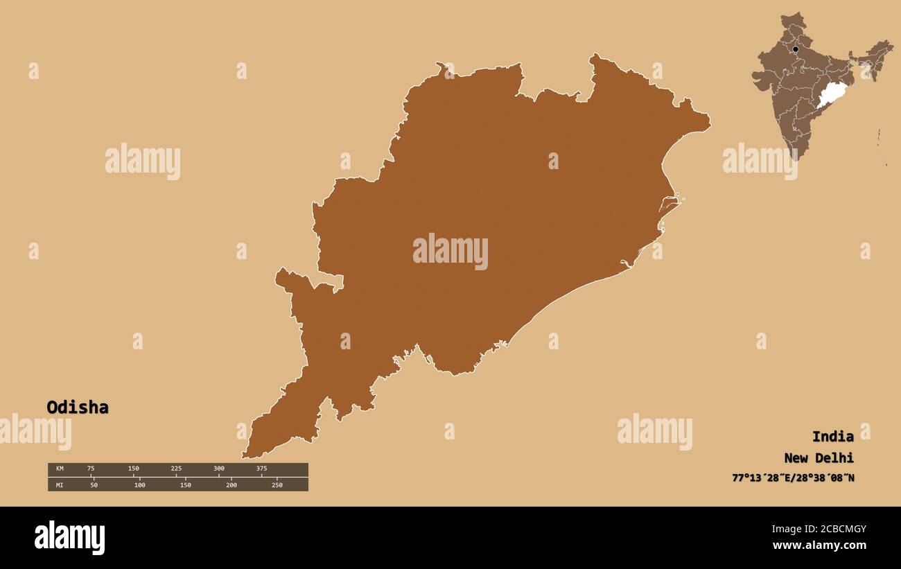 Shape of Odisha, state of India, with its capital isolated on solid ...