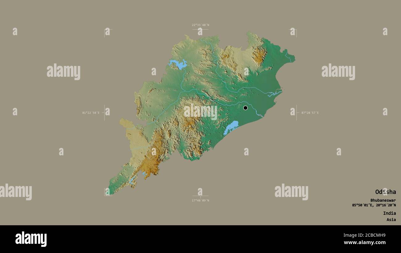 Area of Odisha, state of India, isolated on a solid background in a ...