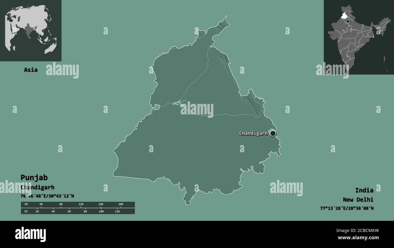 Shape of Punjab, state of India, and its capital. Distance scale ...