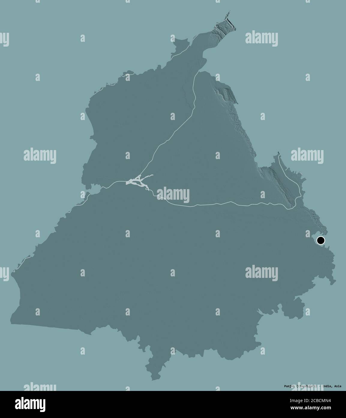 Shape of Punjab, state of India, with its capital isolated on a solid ...