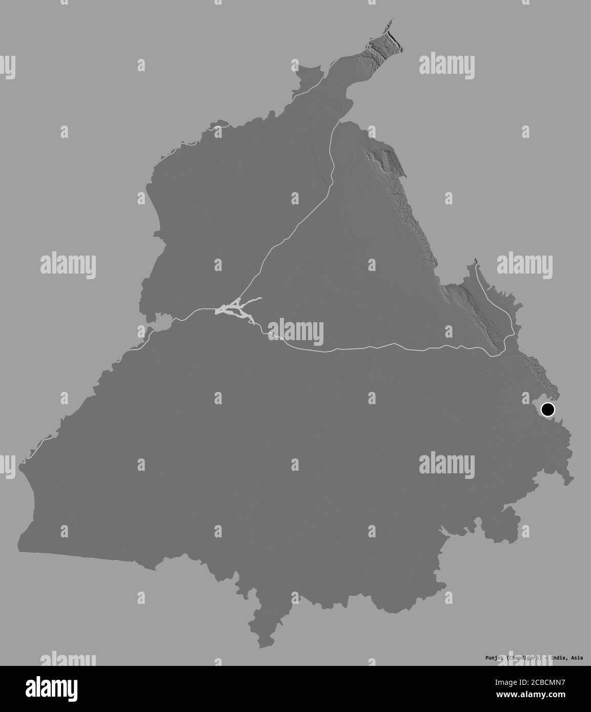 Shape of Punjab, state of India, with its capital isolated on a solid ...