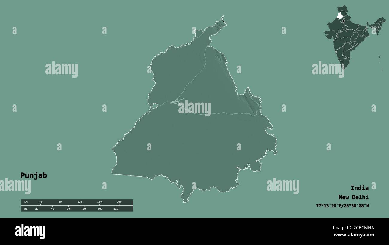 Shape of Punjab, state of India, with its capital isolated on solid ...