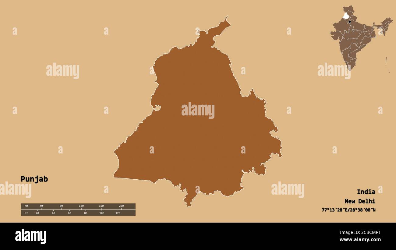 Shape of Punjab, state of India, with its capital isolated on solid ...