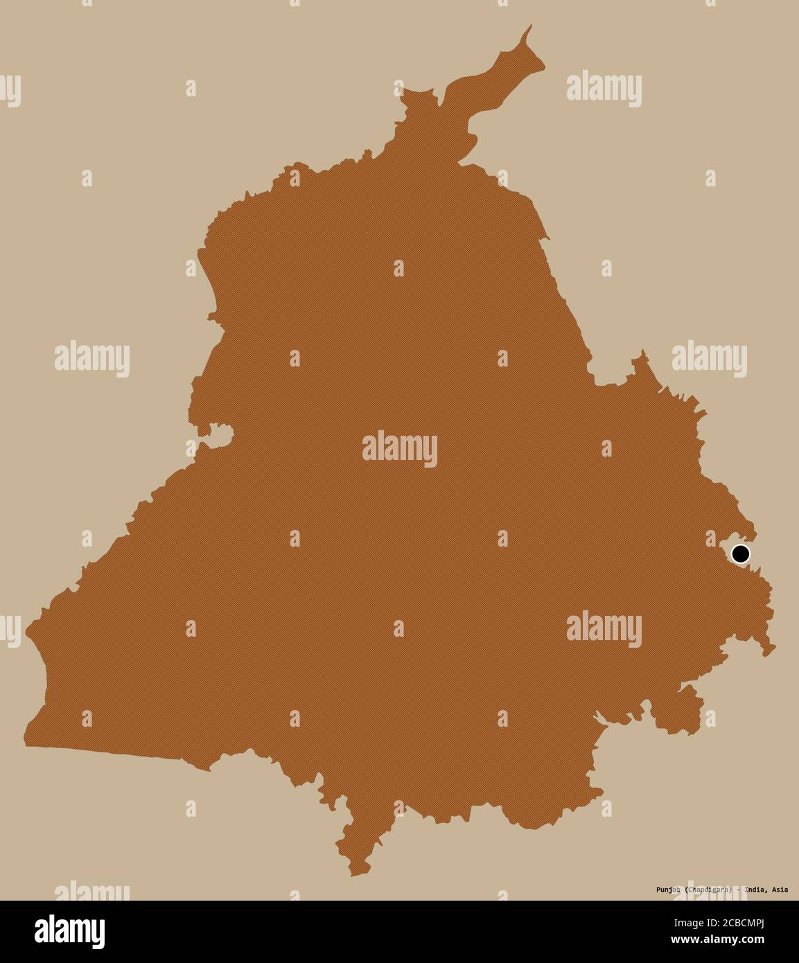 Shape of Punjab, state of India, with its capital isolated on a solid ...
