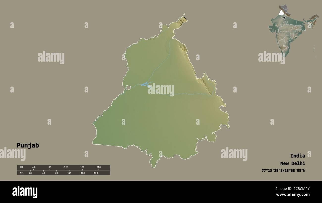 Shape of Punjab, state of India, with its capital isolated on solid ...