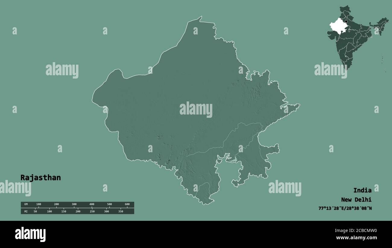 Shape of Rajasthan, state of India, with its capital isolated on solid ...