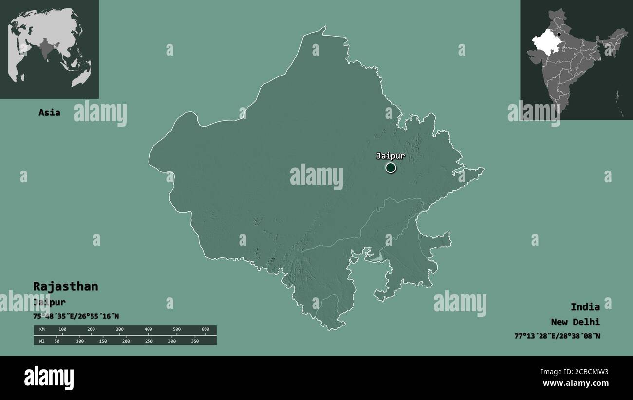 Shape of Rajasthan, state of India, and its capital. Distance scale ...