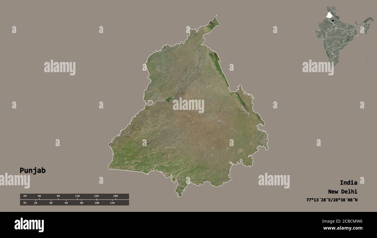Shape of Punjab, state of India, with its capital isolated on solid ...
