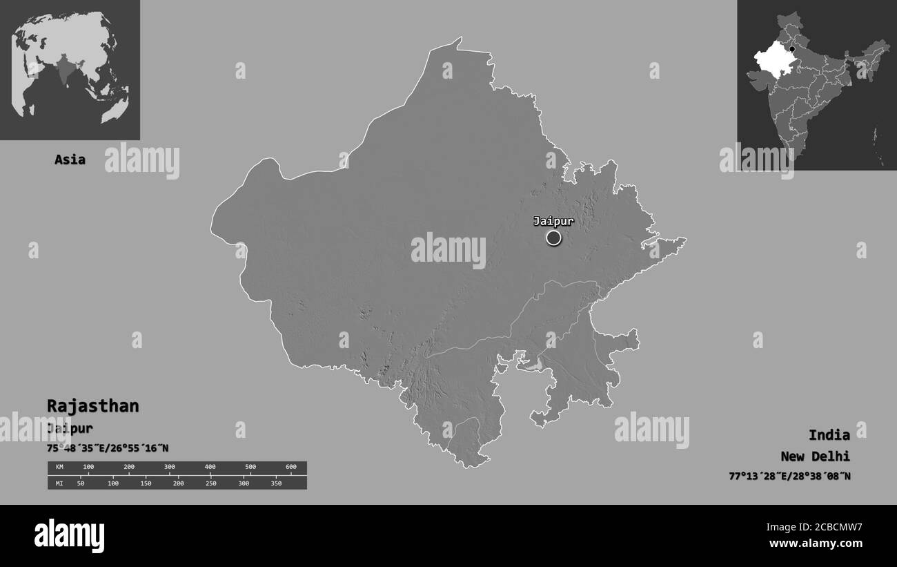 Shape of Rajasthan, state of India, and its capital. Distance scale ...