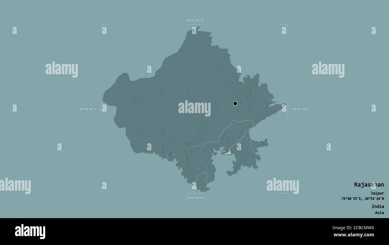 Area of Rajasthan, state of India, isolated on a solid background in a ...