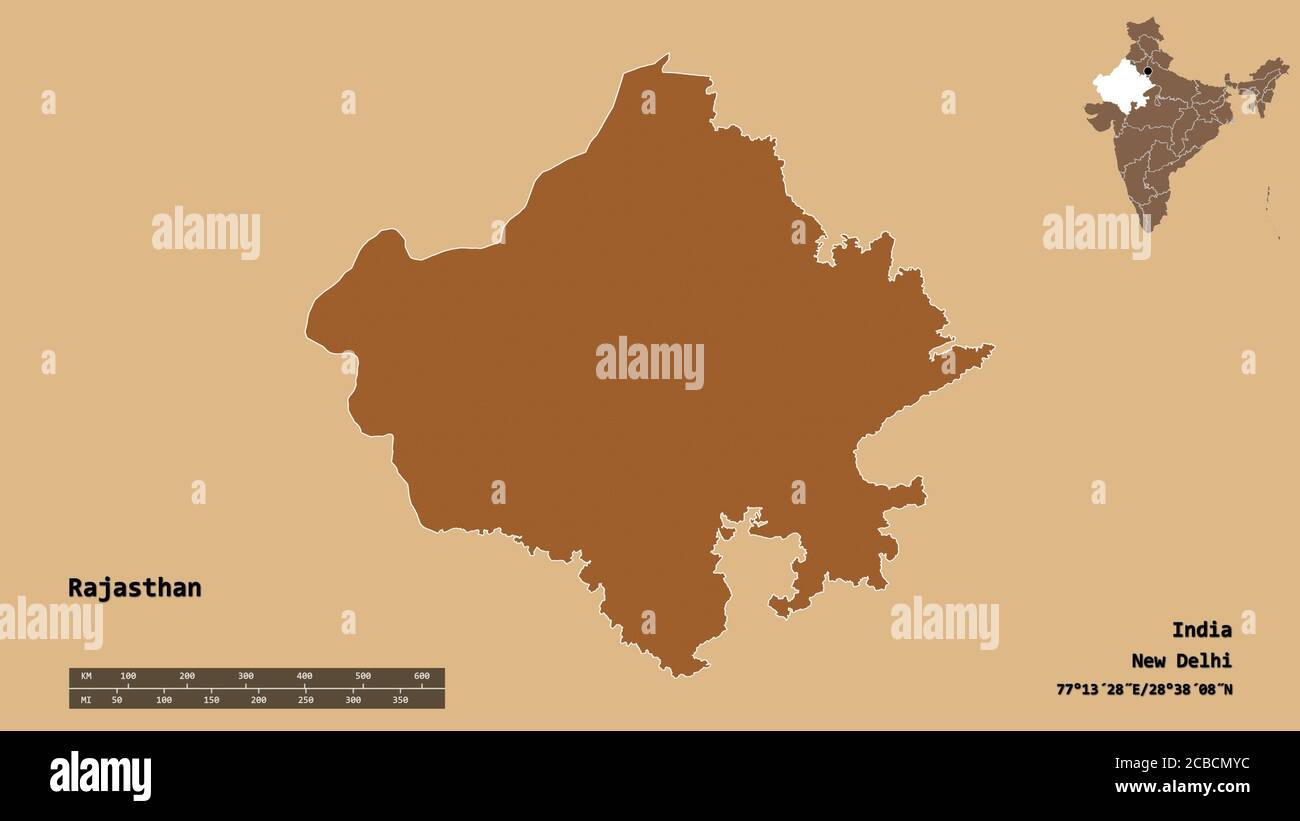 Shape of Rajasthan, state of India, with its capital isolated on solid ...