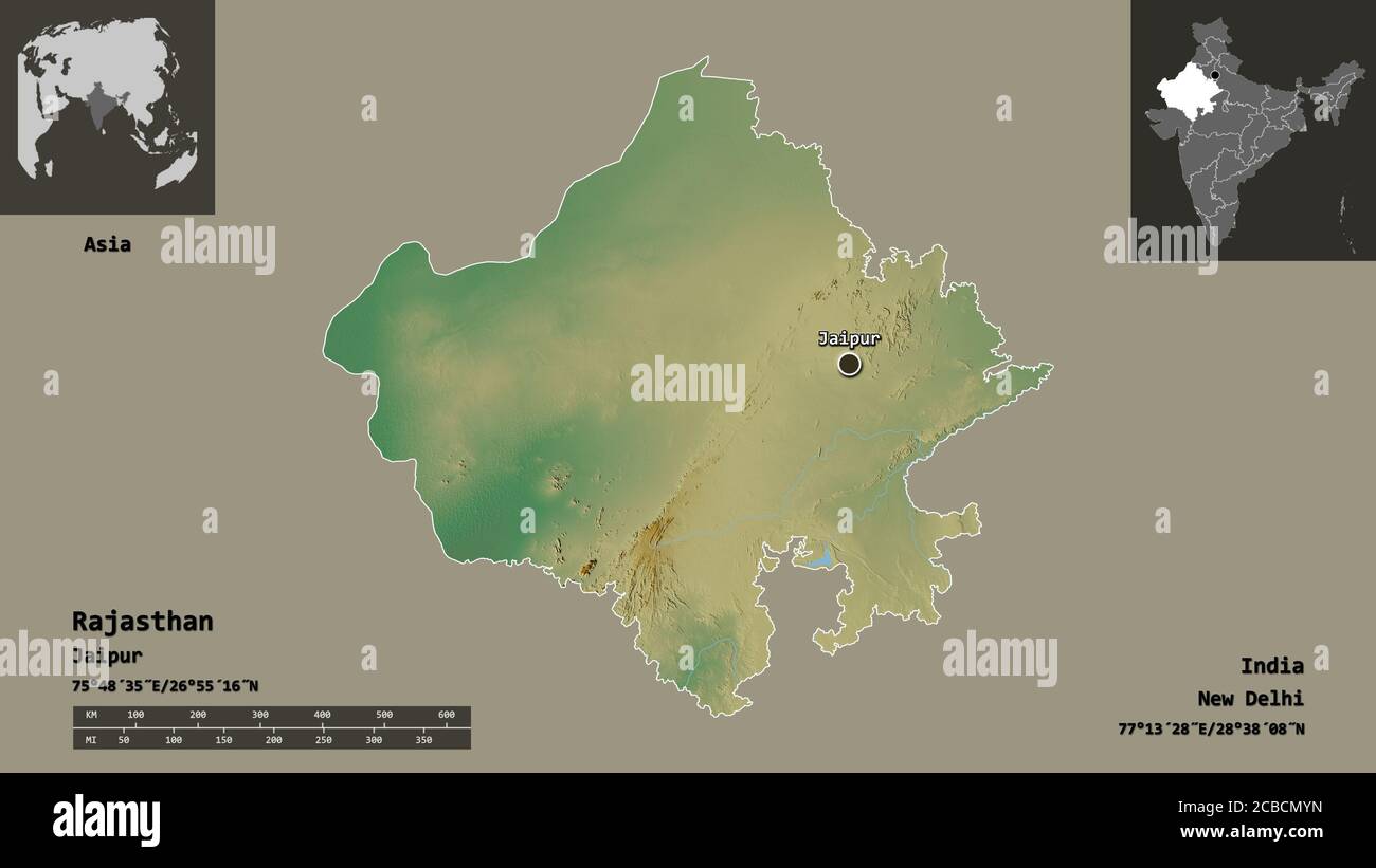 Shape of Rajasthan, state of India, and its capital. Distance scale ...