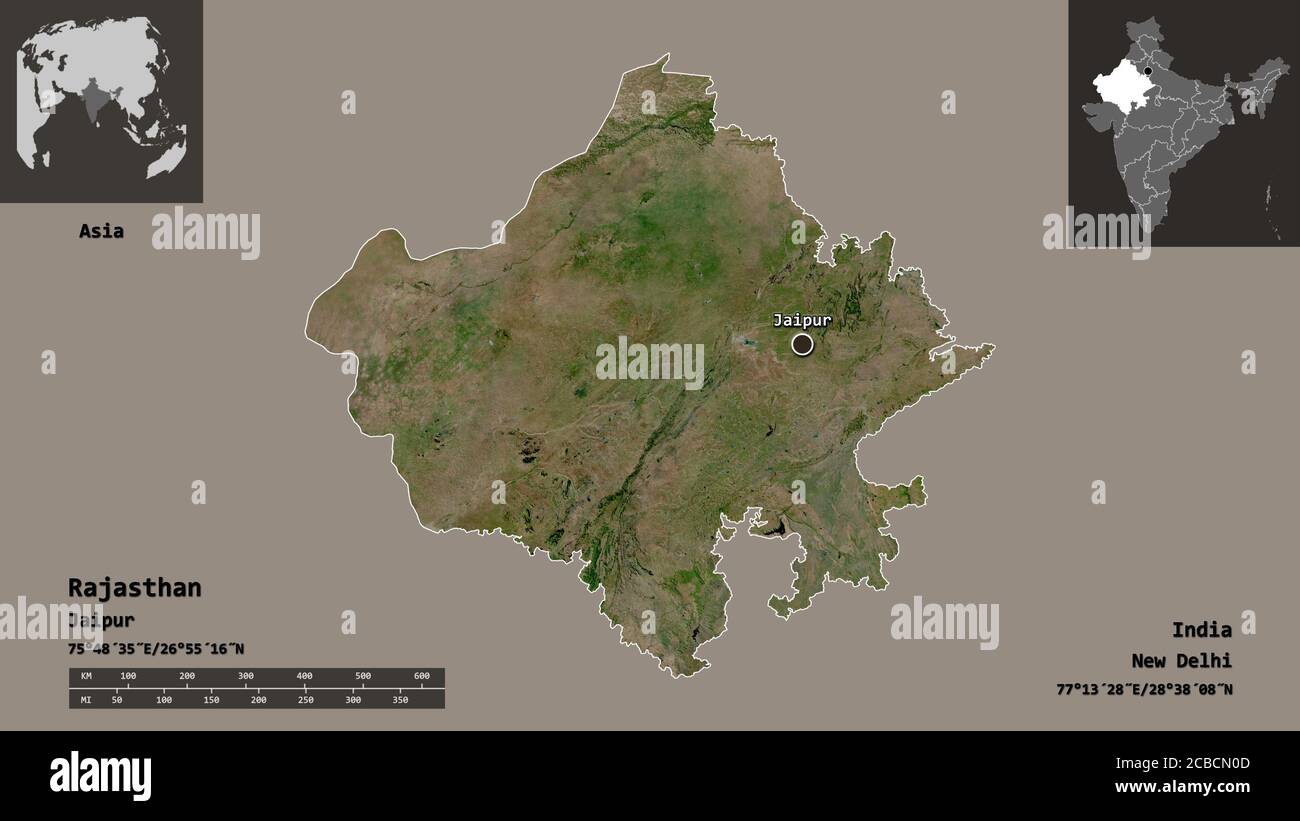 Shape of Rajasthan, state of India, and its capital. Distance scale ...