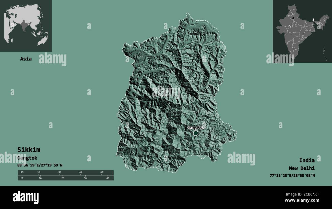 Shape of Sikkim, state of India, and its capital. Distance scale ...