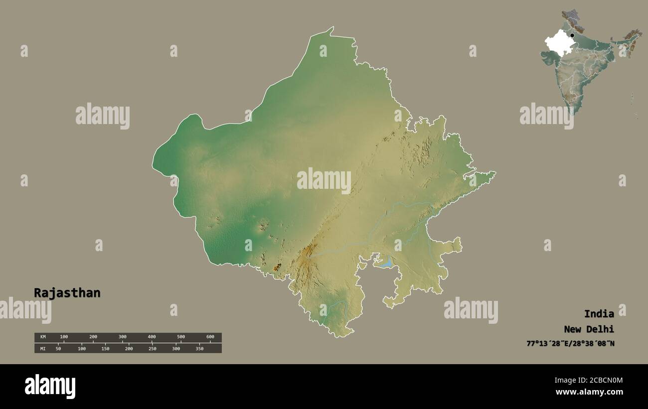 Shape of Rajasthan, state of India, with its capital isolated on solid ...