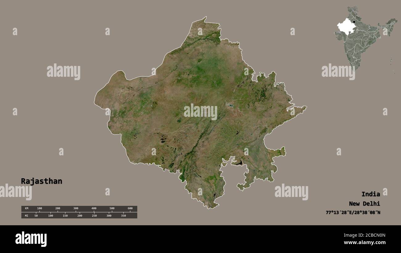 Shape of Rajasthan, state of India, with its capital isolated on solid ...