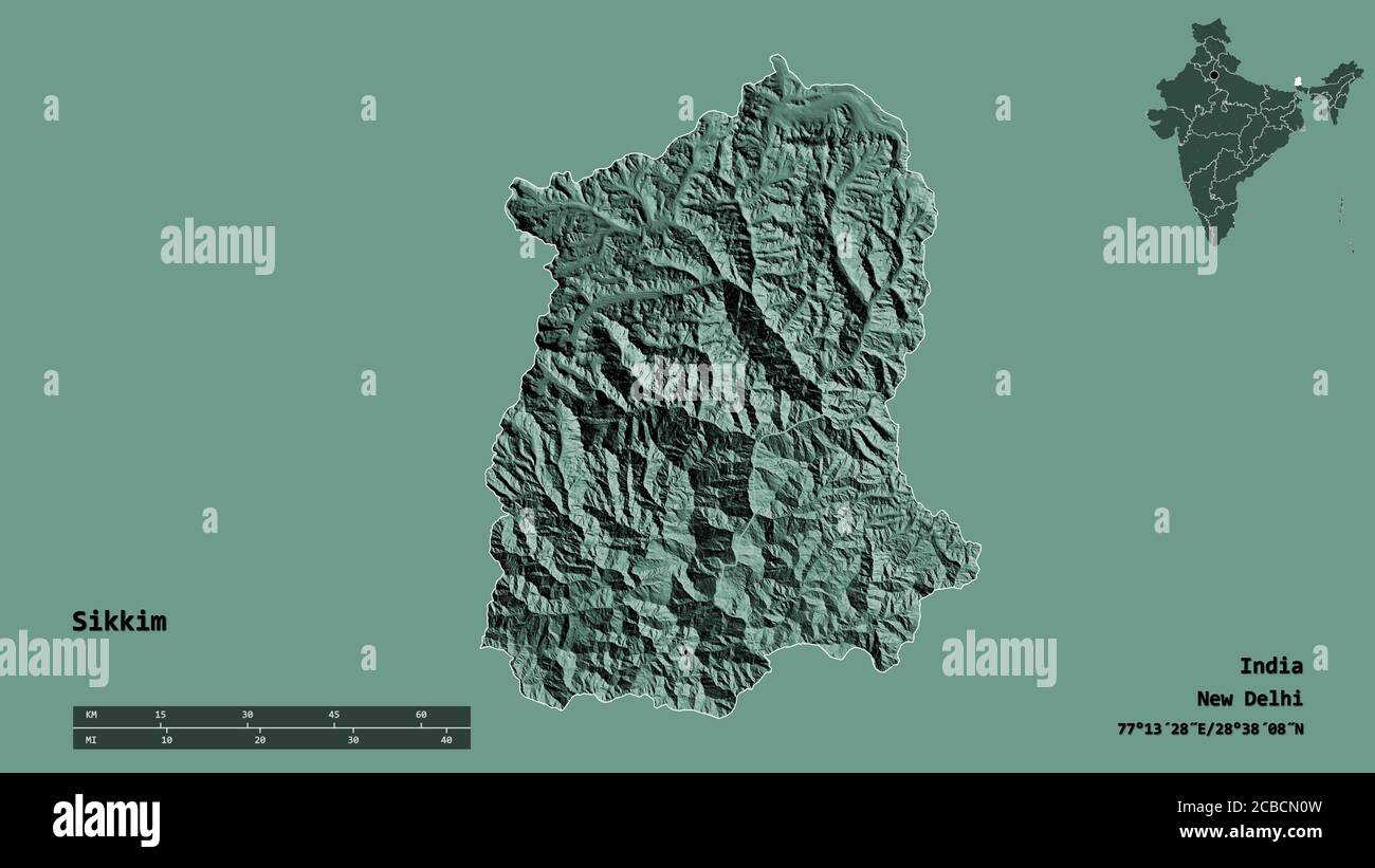 Shape of Sikkim, state of India, with its capital isolated on solid ...