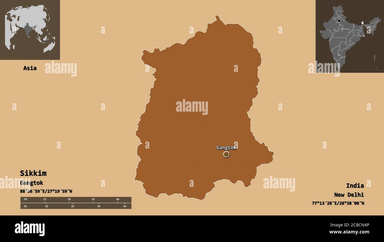 Shape of Sikkim, state of India, and its capital. Distance scale ...