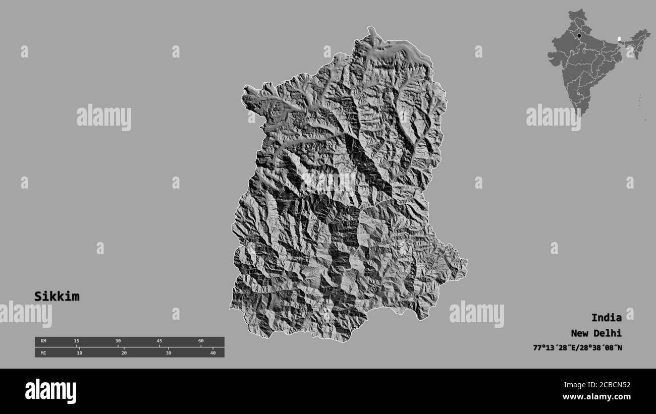 Shape of Sikkim, state of India, with its capital isolated on solid ...