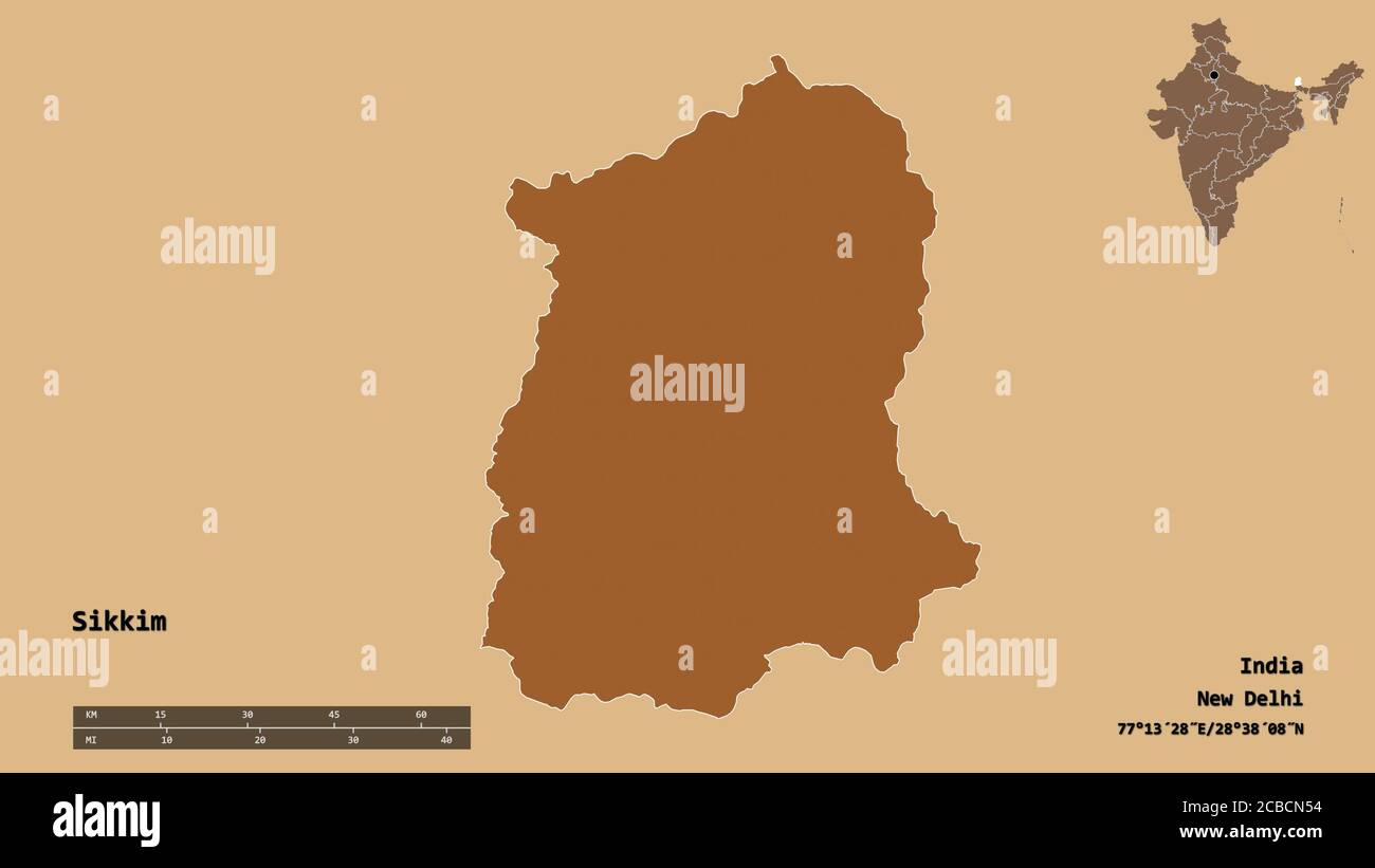 Shape of Sikkim, state of India, with its capital isolated on solid ...