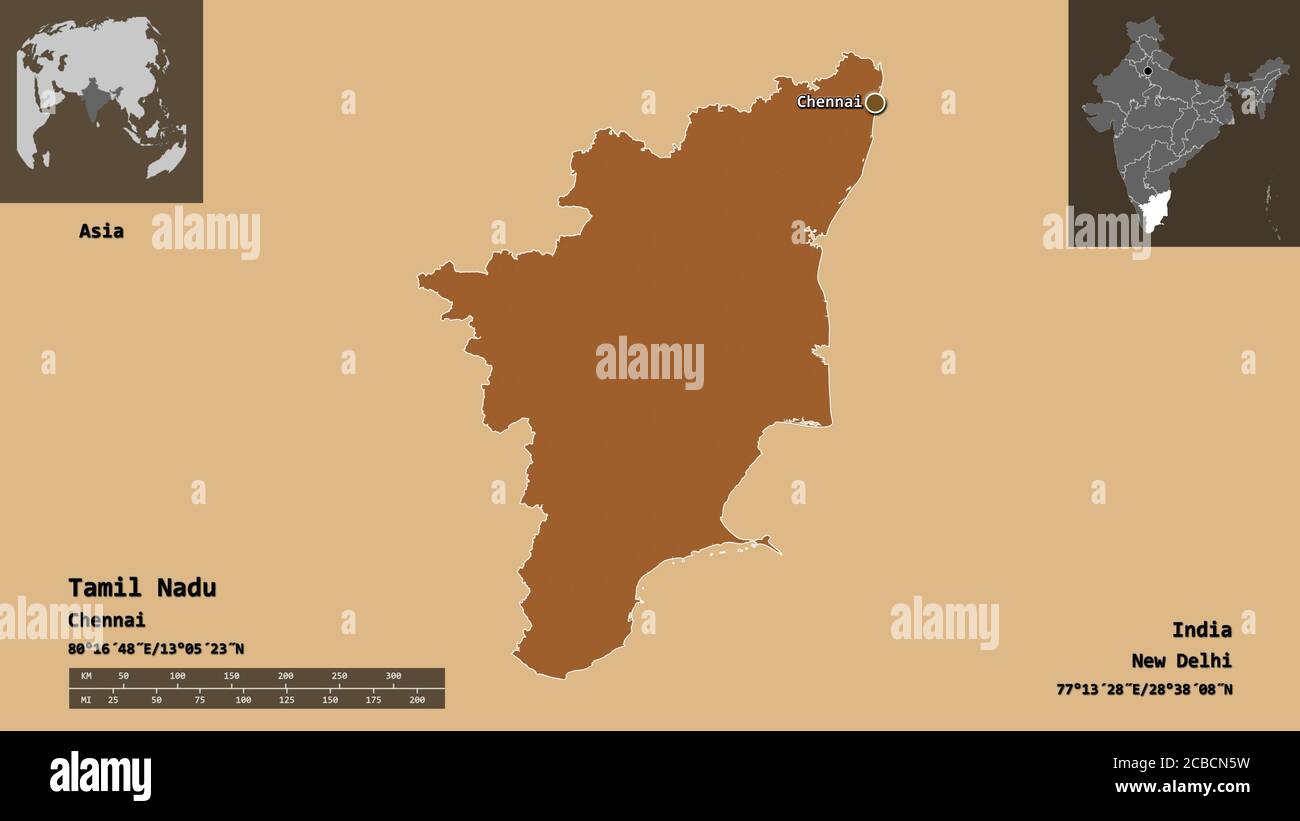 Shape of Tamil Nadu, state of India, and its capital. Distance scale ...