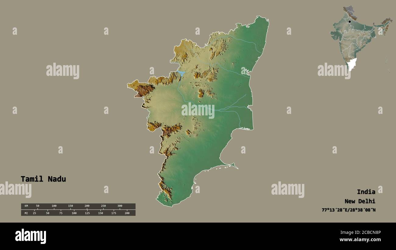 Shape of Tamil Nadu, state of India, with its capital isolated on solid ...