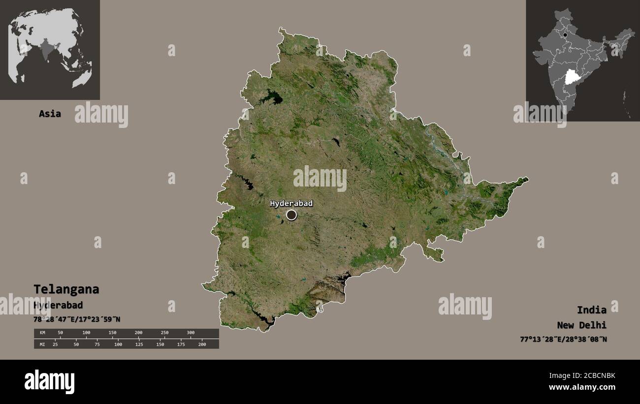 Shape of Telangana, state of India, and its capital. Distance scale ...