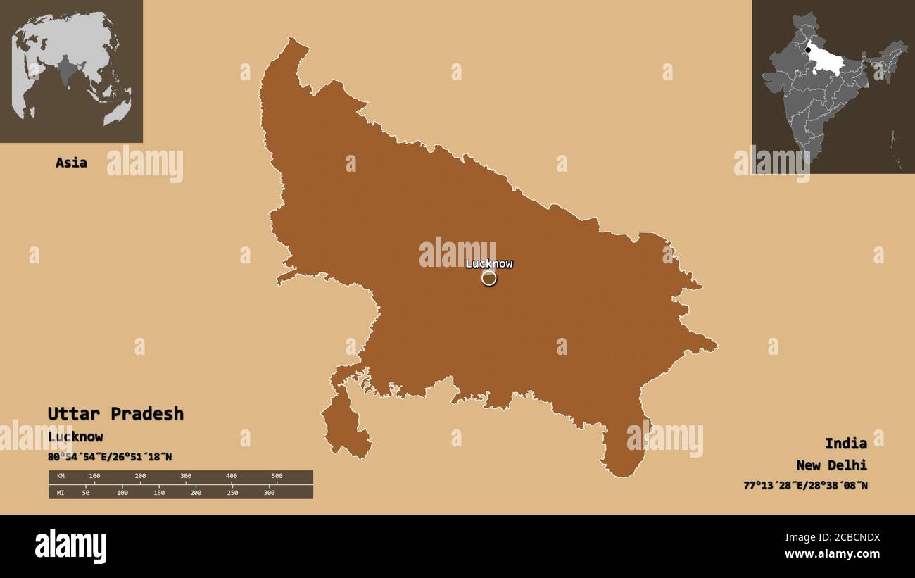 Shape of Uttar Pradesh, state of India, and its capital. Distance scale ...