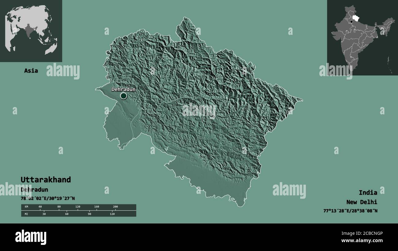 Shape of Uttarakhand, state of India, and its capital. Distance scale ...