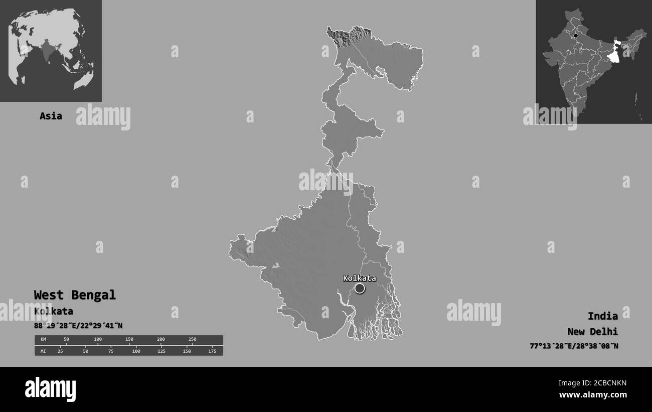 Shape of West Bengal, state of India, and its capital. Distance scale ...