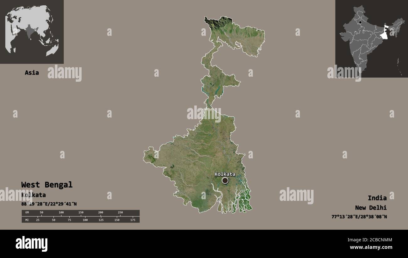 Shape of West Bengal, state of India, and its capital. Distance scale ...